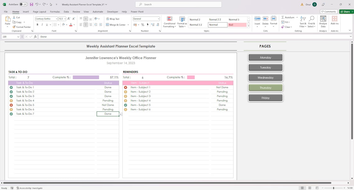 Weekly Assistant Planner Excel Template, 5 Days Office Planner Excel ...