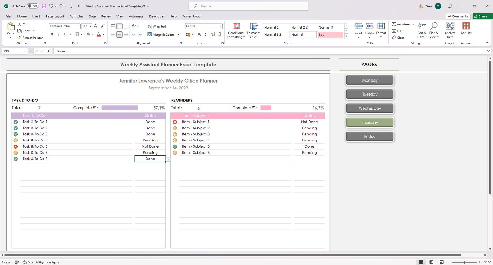 Weekly Assistant Planner Excel Template, 5 Days Office Planner Excel ...