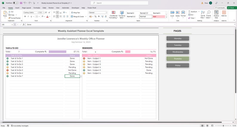 Weekly Assistant Planner Excel Template, 5 Days Office Planner Excel ...