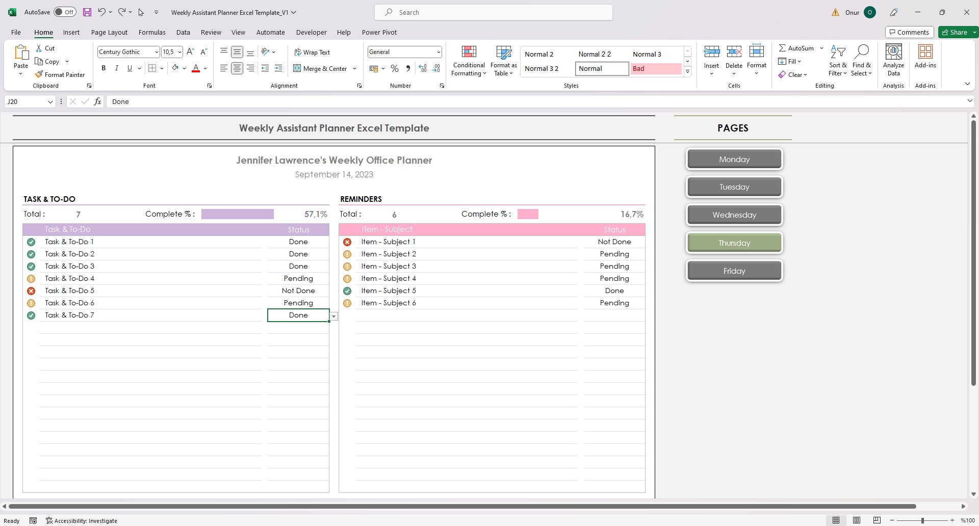 Weekly Assistant Planner Excel Template, 5 Days Office Planner Excel ...