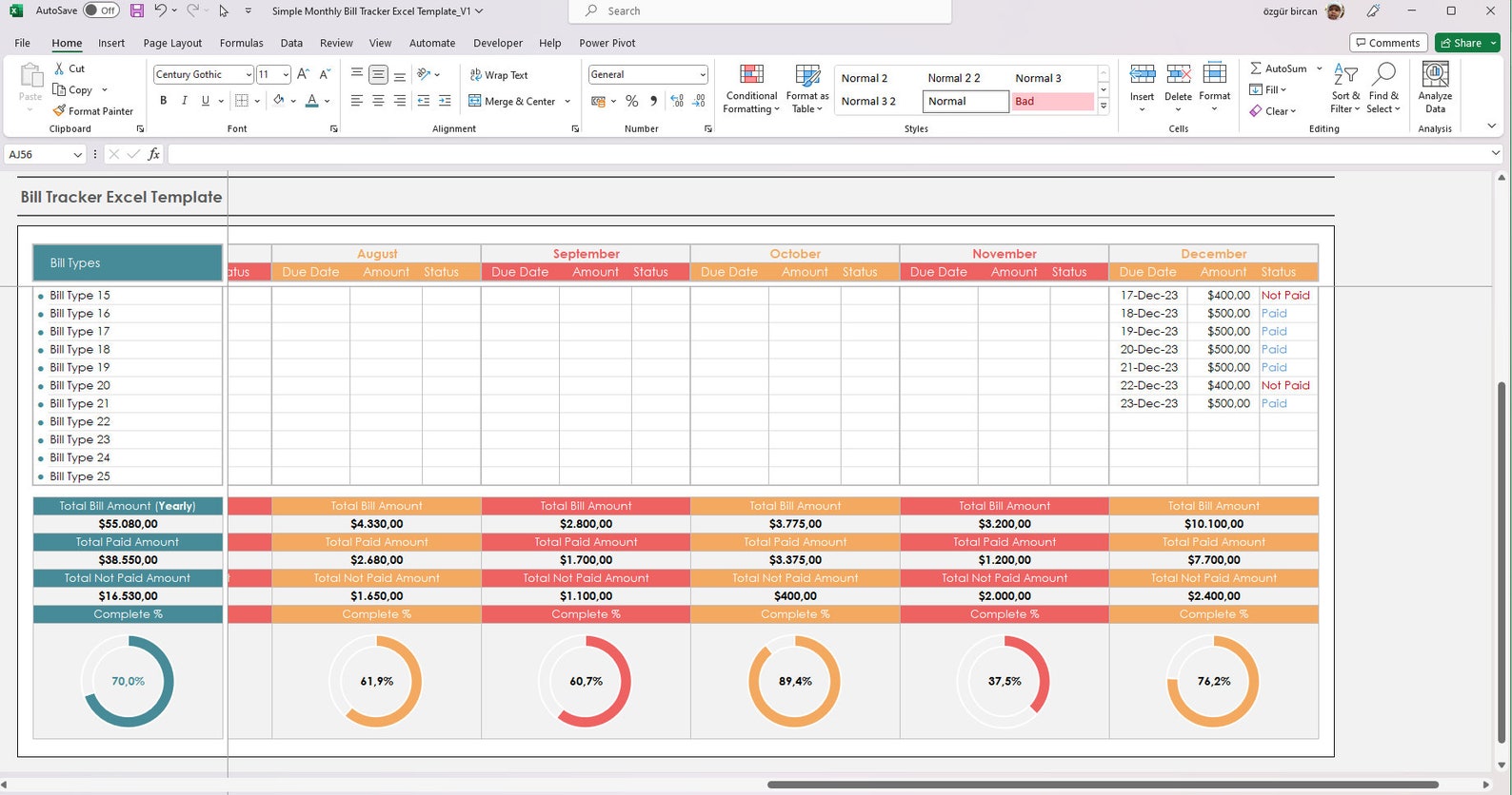 Monthly Bill Tracker Excel Template: 12-month Payment Tracker - Etsy