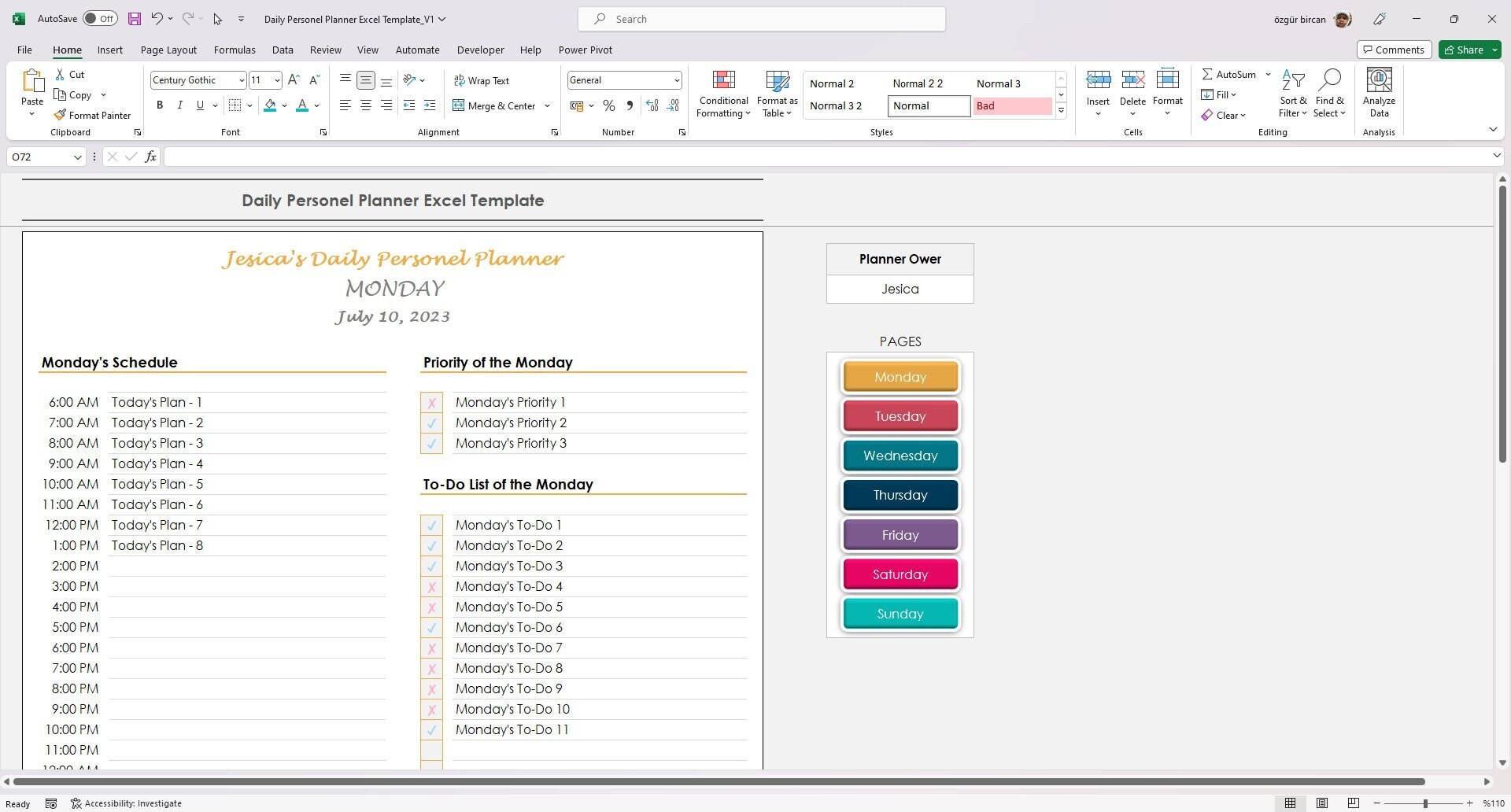Daily Personel Planner Excel Template, 7 Days Planner, Daily Schedule ...