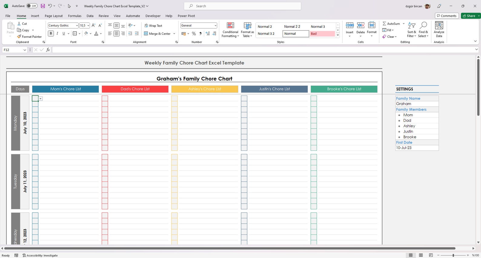 Weekly Family Chore Chart Excel Template, Weekly Family To-do List ...