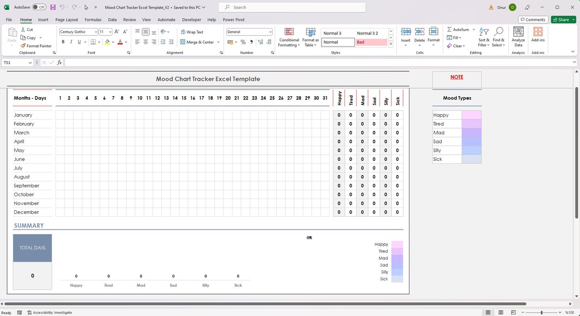 Mood Chart Tracker Excel Template, One Year Mood Chart Tracker Excel ...