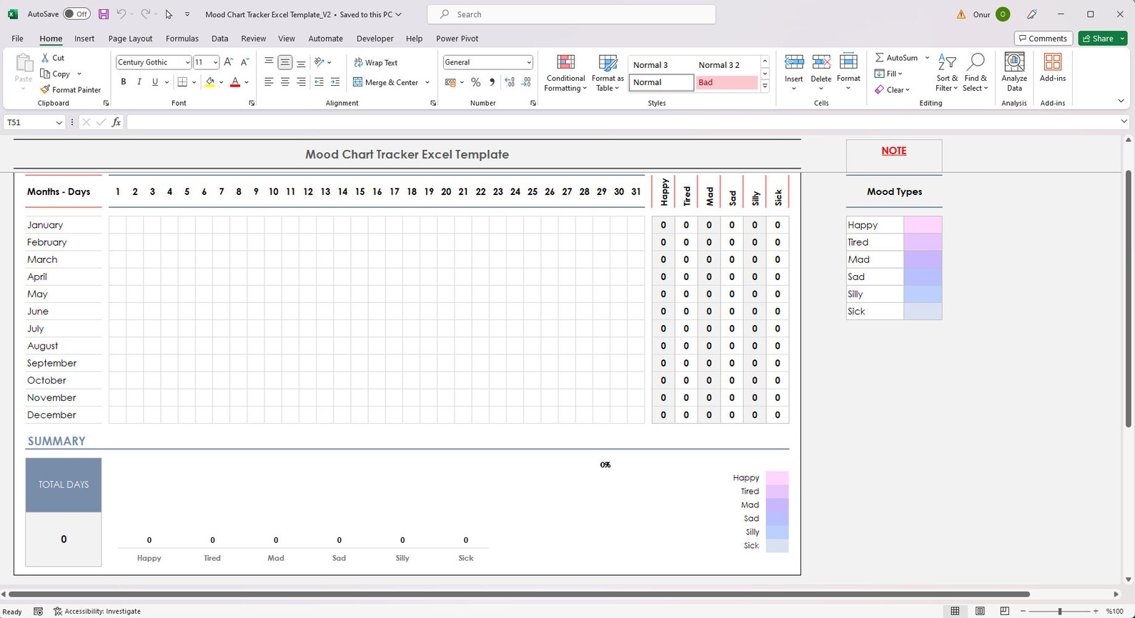 One Year Mood Chart Tracker Excel Template (digital Download) - Etsy