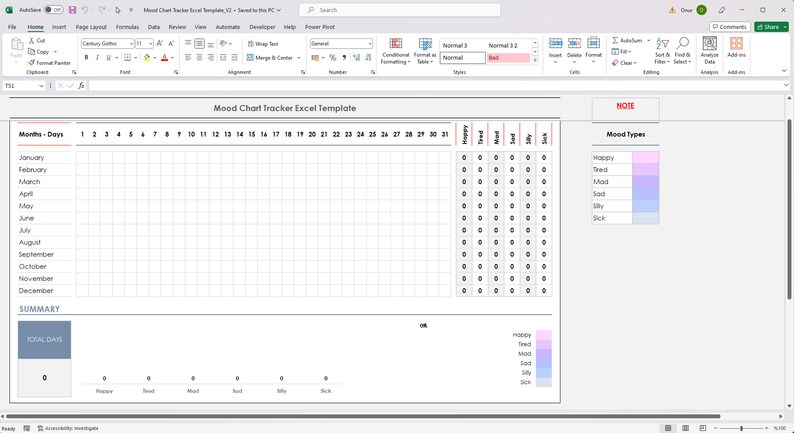 Mood Chart Tracker Excel Template, One Year Mood Chart Tracker Excel ...