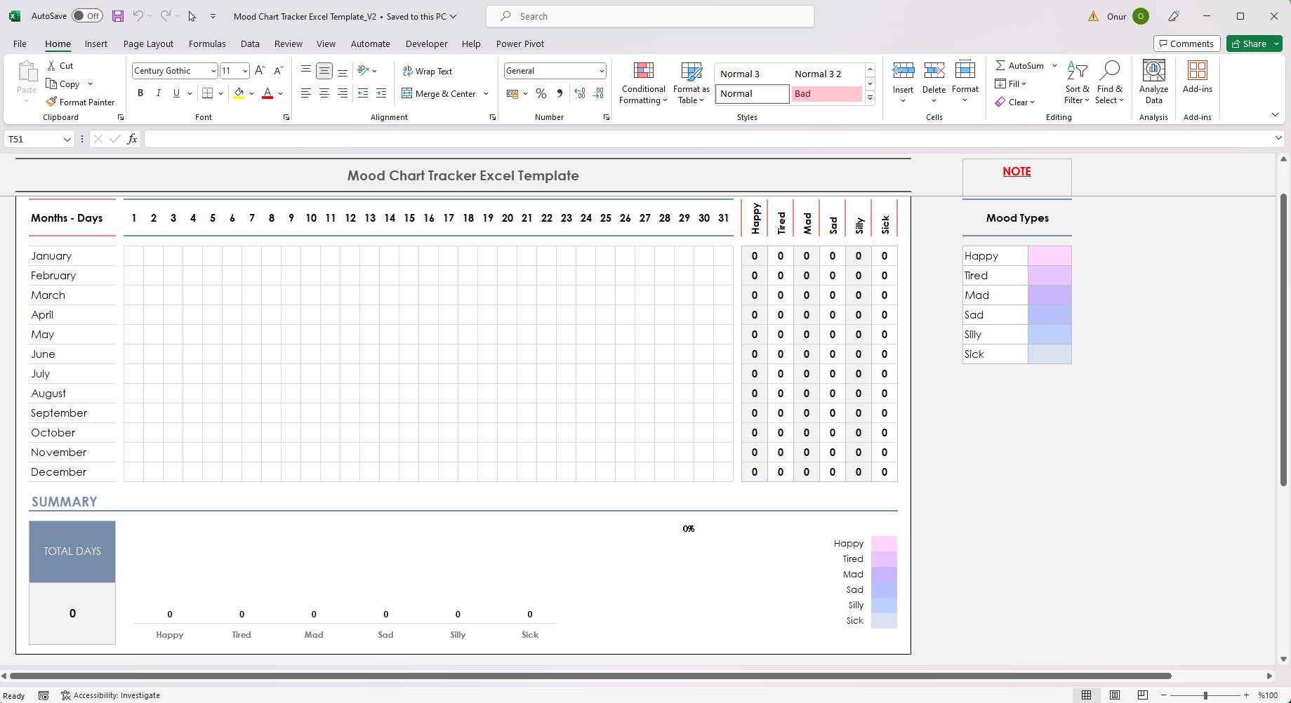 One Year Mood Chart Tracker Excel Template (digital Download) - Etsy