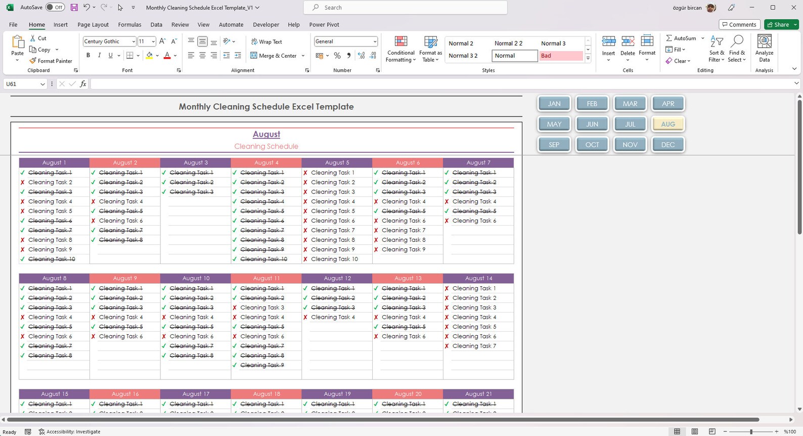 Monthly Cleaning Schedule Excel Template, One Year Cleaning Schedule ...