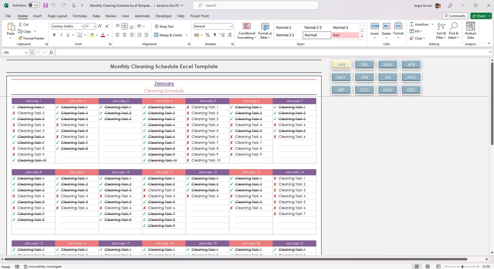 Monthly Cleaning Schedule Excel Template, One Year Cleaning Schedule ...
