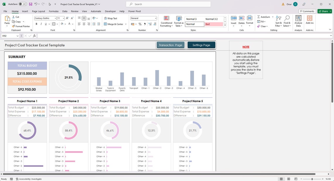 Project Cost Tracker Excel Template: Expense & Budget Management - Etsy