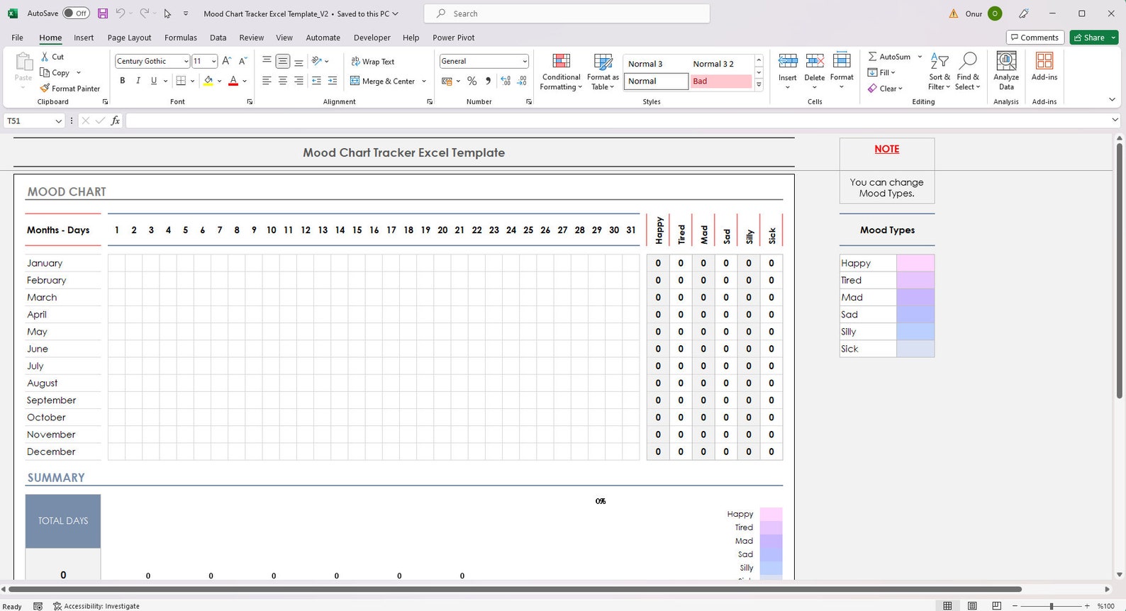 One Year Mood Chart Tracker Excel Template (digital Download) - Etsy