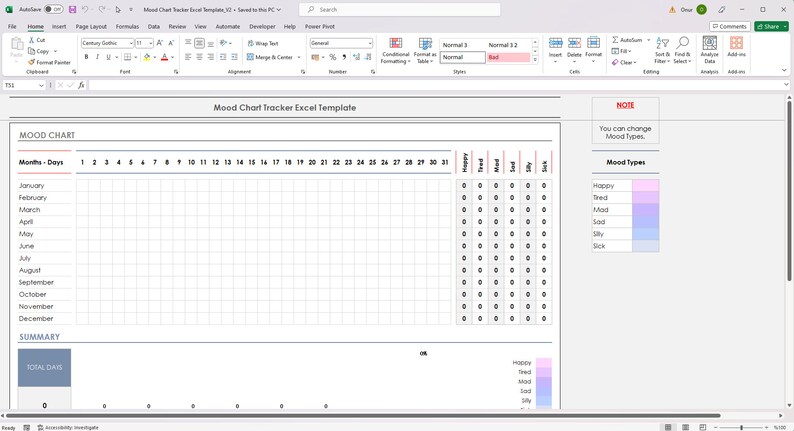Mood Chart Tracker Excel Template, One Year Mood Chart Tracker Excel ...