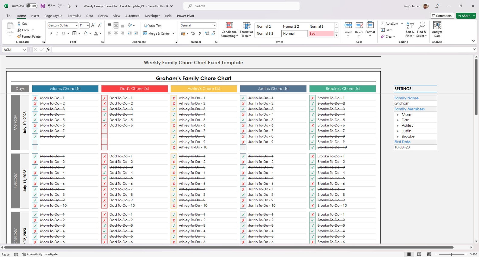Weekly Family Chore Chart Excel Template, Weekly Family To-do List ...