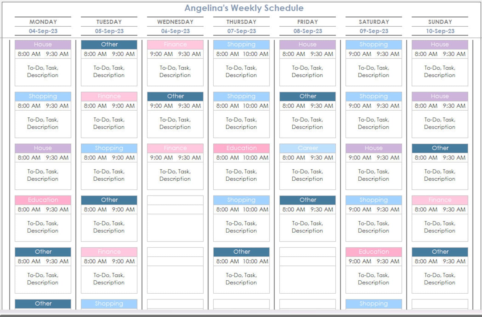 Weekly Schedule Excel Template, Weekly Personel Planner Excel Template ...