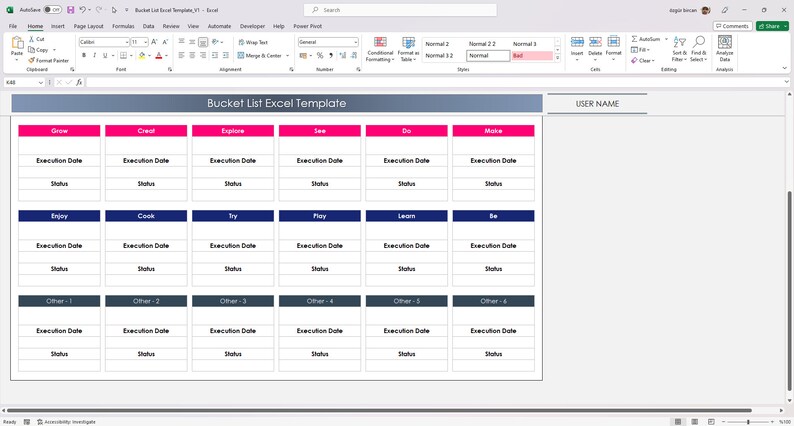 Bucket List Excel Template, Personel Bucket List Tracker, Editable ...
