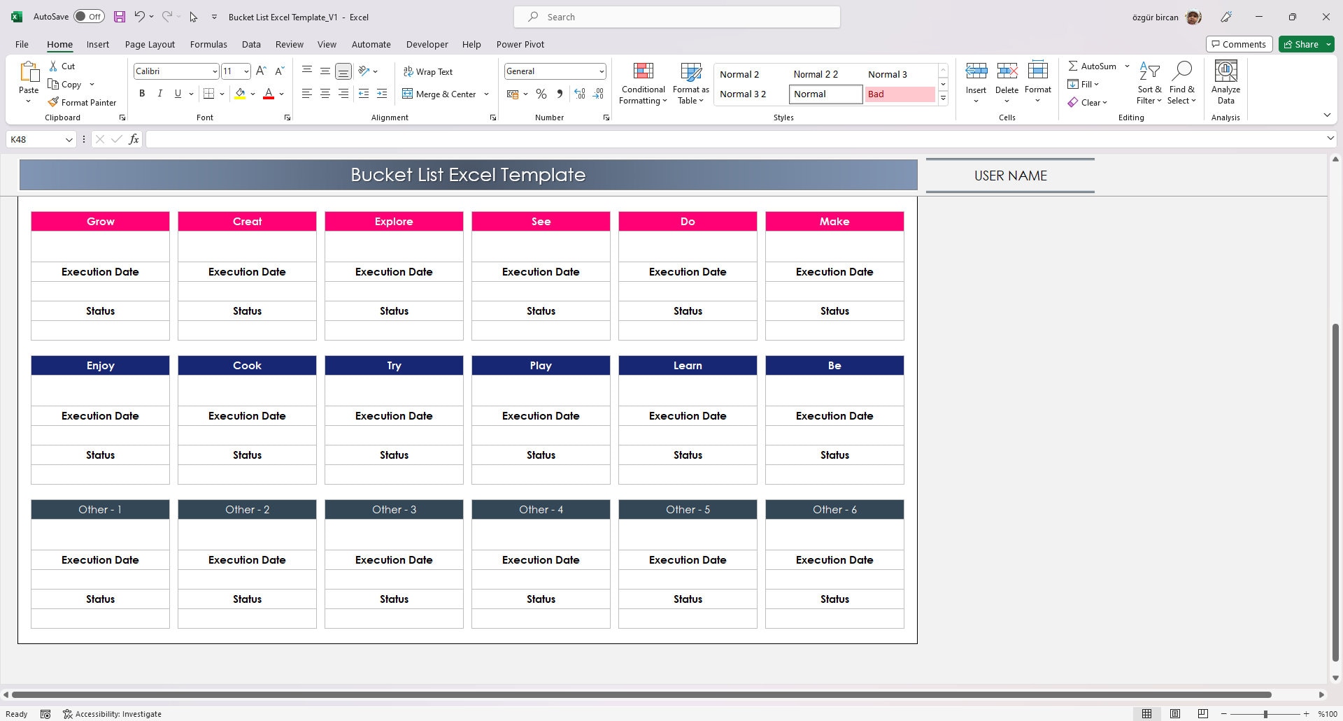 Bucket List Excel Template, Personel Bucket List Tracker, Editable ...
