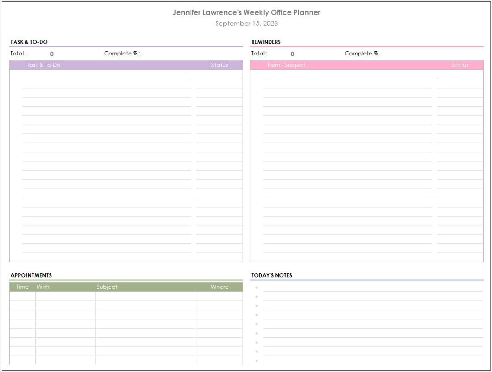 Weekly Assistant Planner Excel Template, 5 Days Office Planner Excel ...