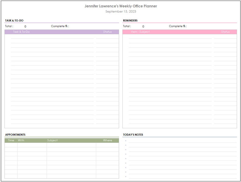 Weekly Assistant Planner Excel Template, 5 Days Office Planner Excel ...
