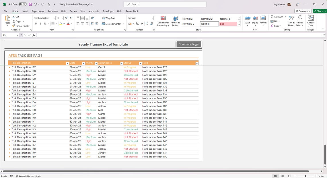 Yearly Planner Excel Template, Yearly Task Tracker Excel Template ...