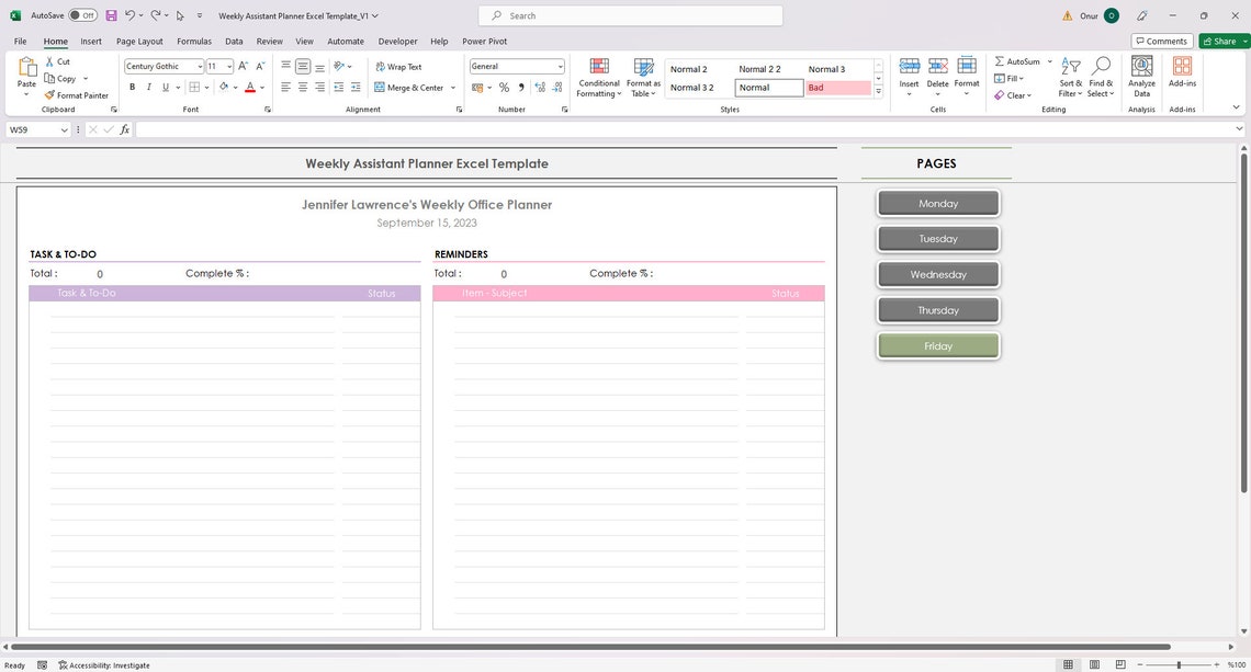 Weekly Assistant Planner Excel Template, 5 Days Office Planner Excel ...