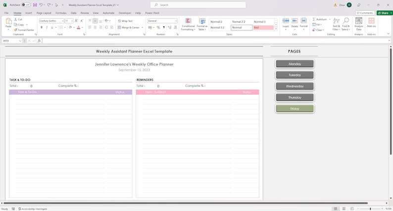 Weekly Assistant Planner Excel Template, 5 Days Office Planner Excel ...