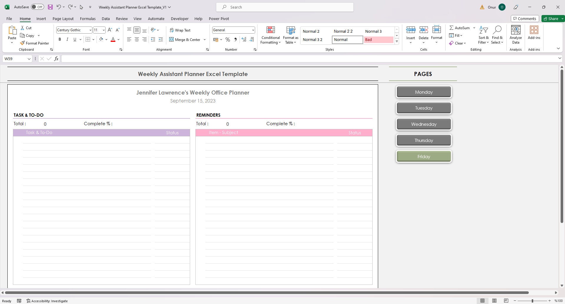 Weekly Assistant Planner Excel Template, 5 Days Office Planner Excel ...