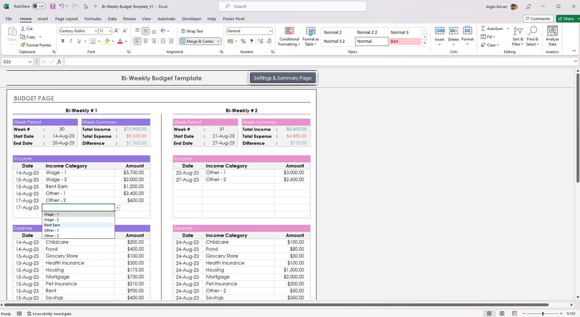 Bi-weekly Budget Excel Template: Income Expense Tracker (digital ...