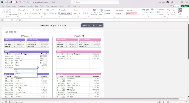 Bi-weekly Budget Excel Template: Income Expense Tracker (digital ...