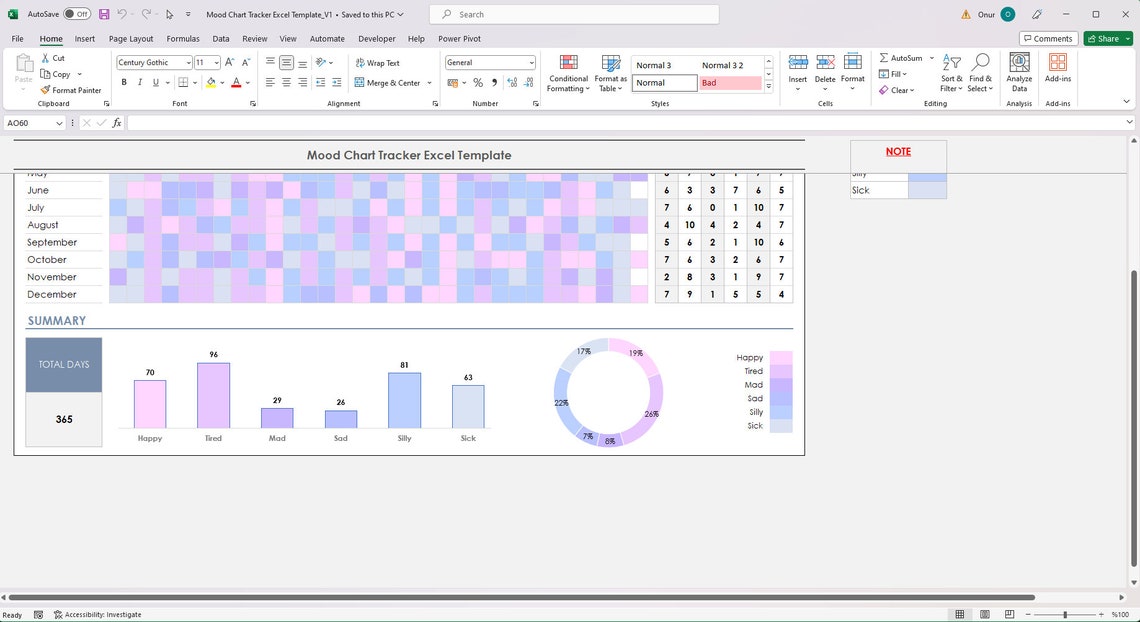 Mood Chart Tracker Excel Template, One Year Mood Chart Tracker Excel ...