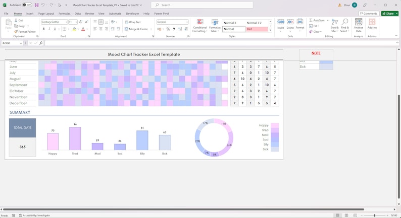 Mood Chart Tracker Excel Template, One Year Mood Chart Tracker Excel ...