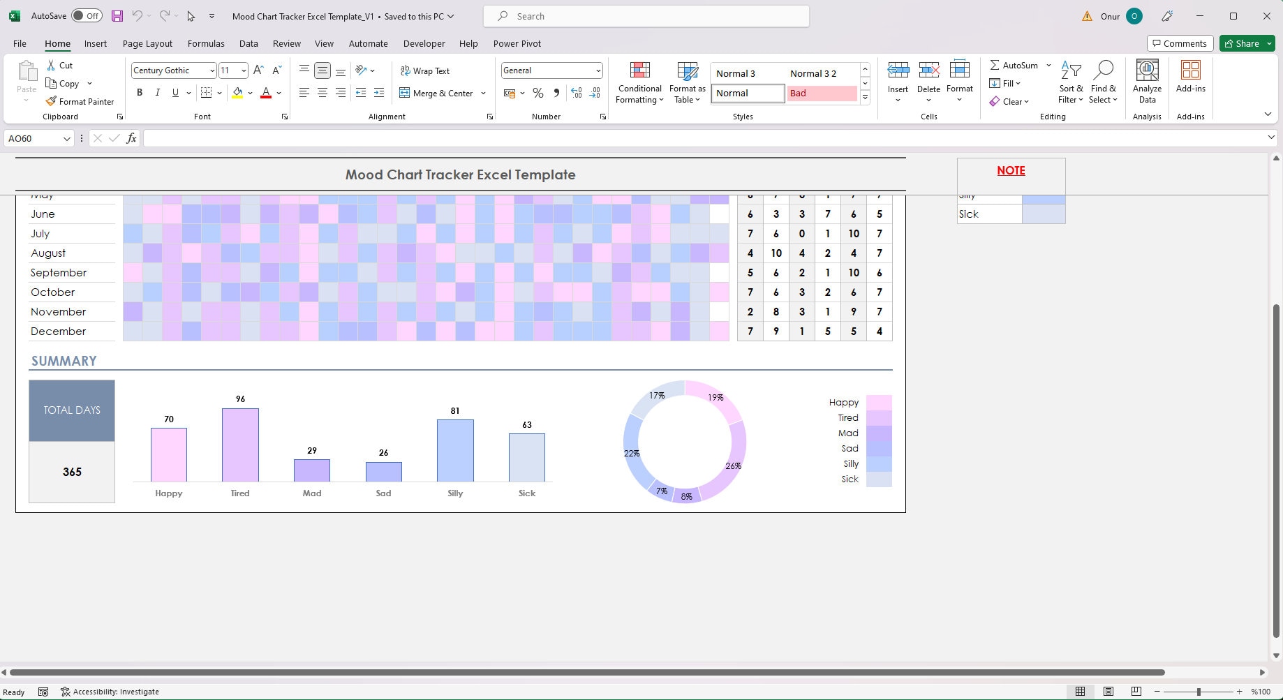 Mood Chart Tracker Excel Template, One Year Mood Chart Tracker Excel ...