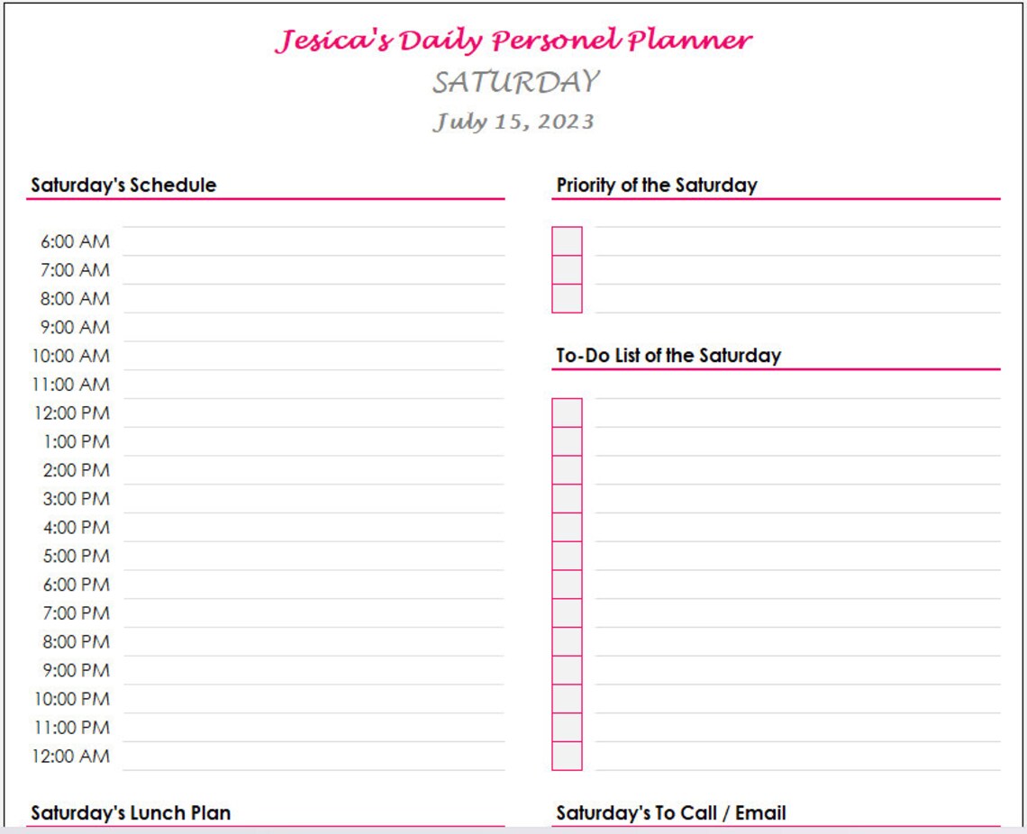 Daily Personel Planner Excel Template 7 Days Planner Daily - Etsy