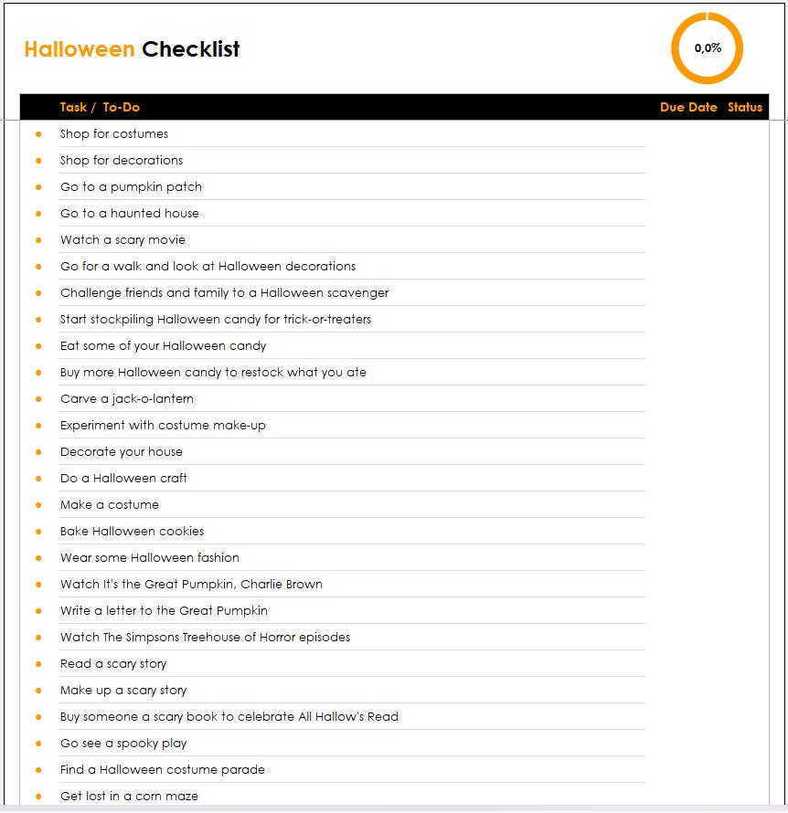 Halloween Checklist Excel Template, Halloween To-do List Excel Template ...