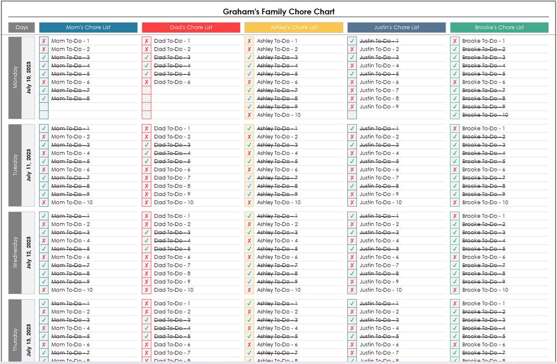 Weekly Family Chore Chart Excel Template, Weekly Family To-do List ...