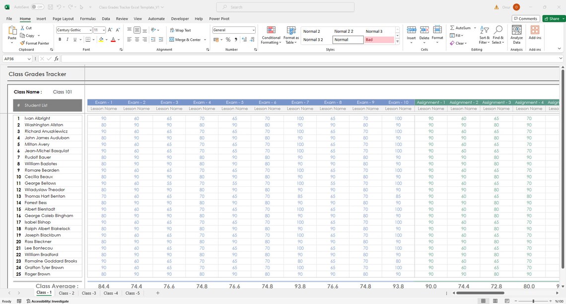 Class Grades Tracker Excel Template: Student Performance Planner - Etsy