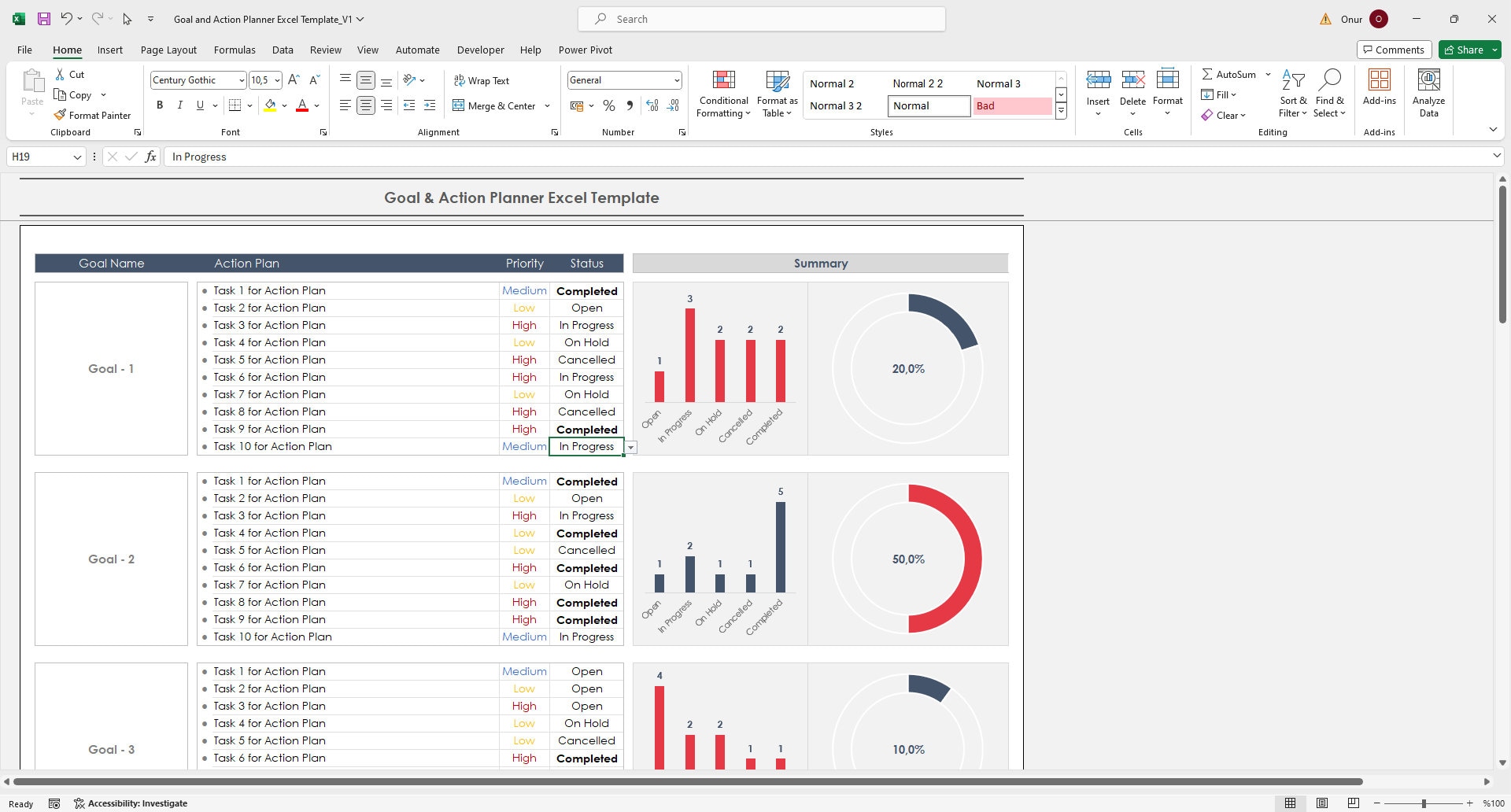 Goal and Action Planner Excel Template, Action Plan Spreadsheet, Excel ...