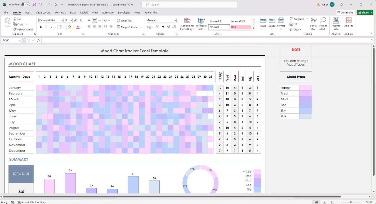 Mood Chart Tracker Excel Template, One Year Mood Chart Tracker Excel ...