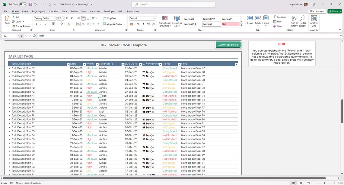 Task Tracker Excel Template, Task List Planner Excel Template, Excel ...