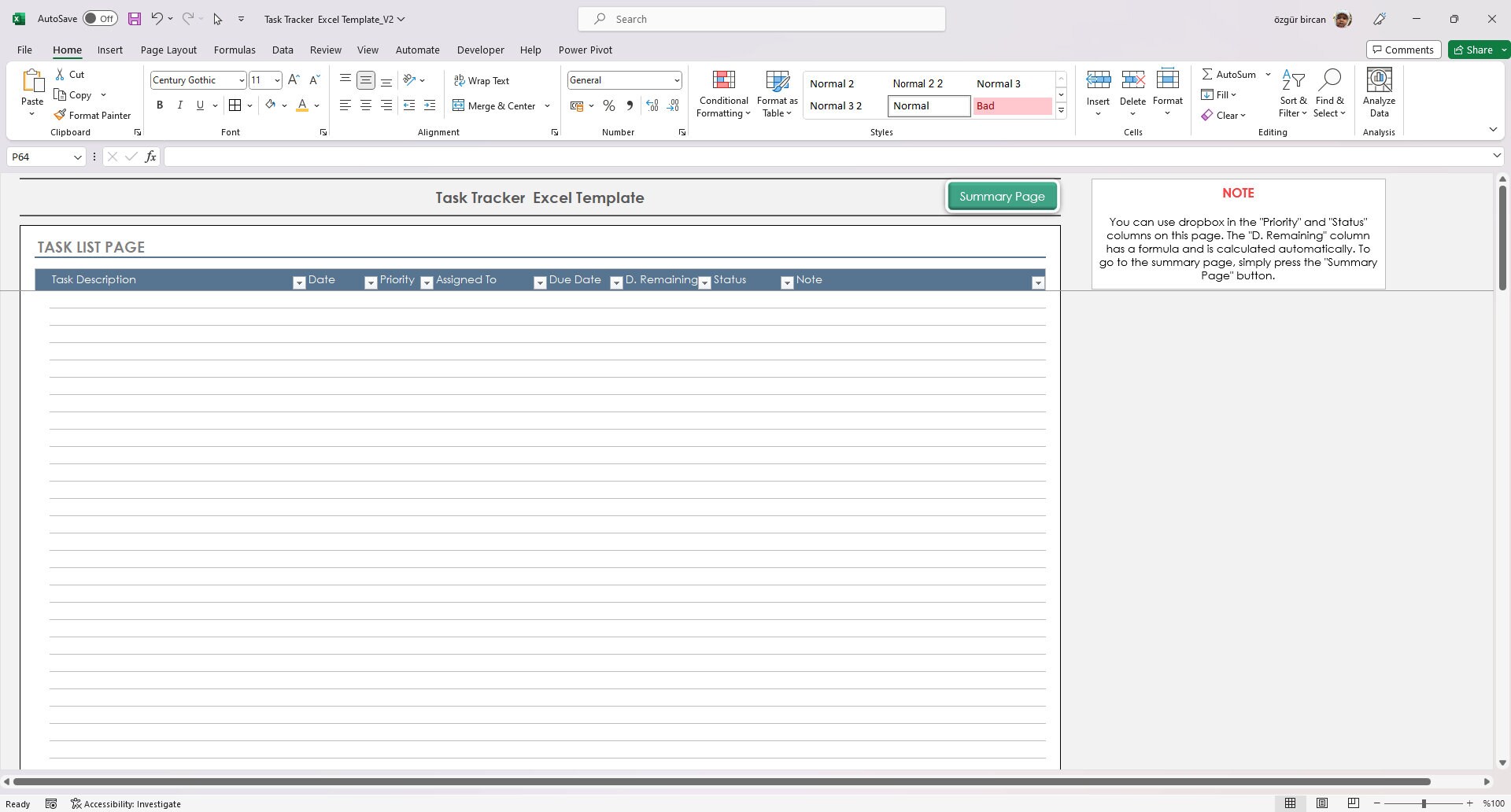 Task Tracker Excel Template, Task List Planner Excel Template, Excel ...