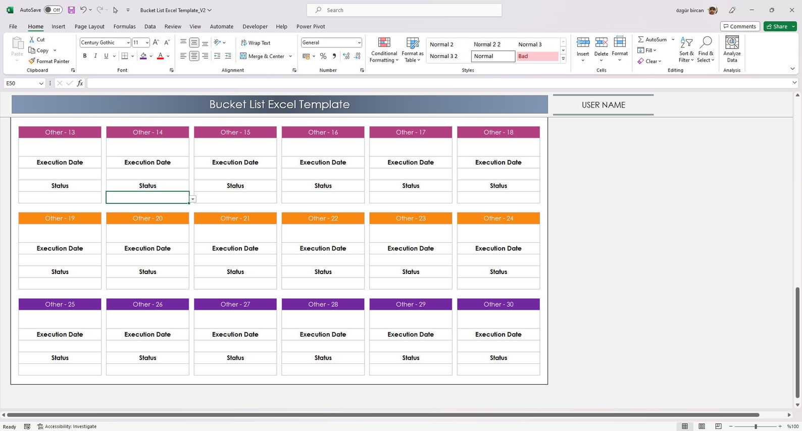 Bucket List Excel Template, Personel Bucket List Tracker, Editable ...