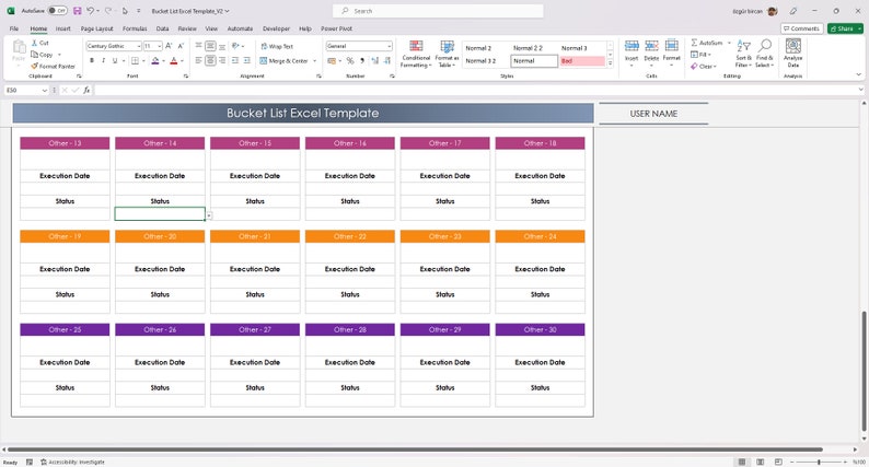 Bucket List Excel Template, Personel Bucket List Tracker, Editable ...