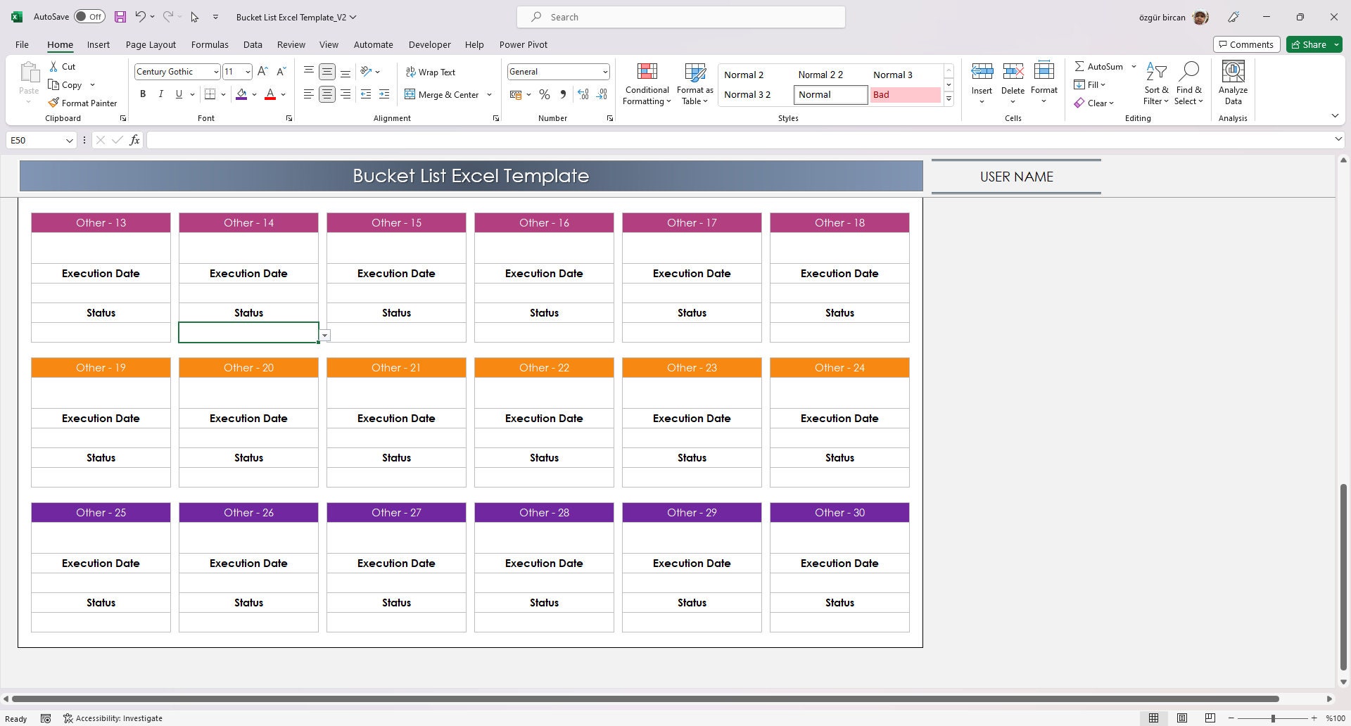 Bucket List Excel Template, Personel Bucket List Tracker, Editable ...