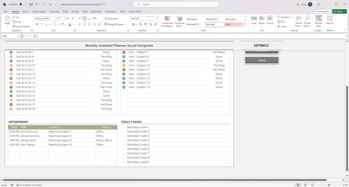 Weekly Assistant Planner Excel Template, 5 Days Office Planner Excel ...