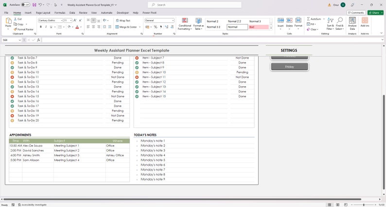 Weekly Assistant Planner Excel Template, 5 Days Office Planner Excel ...