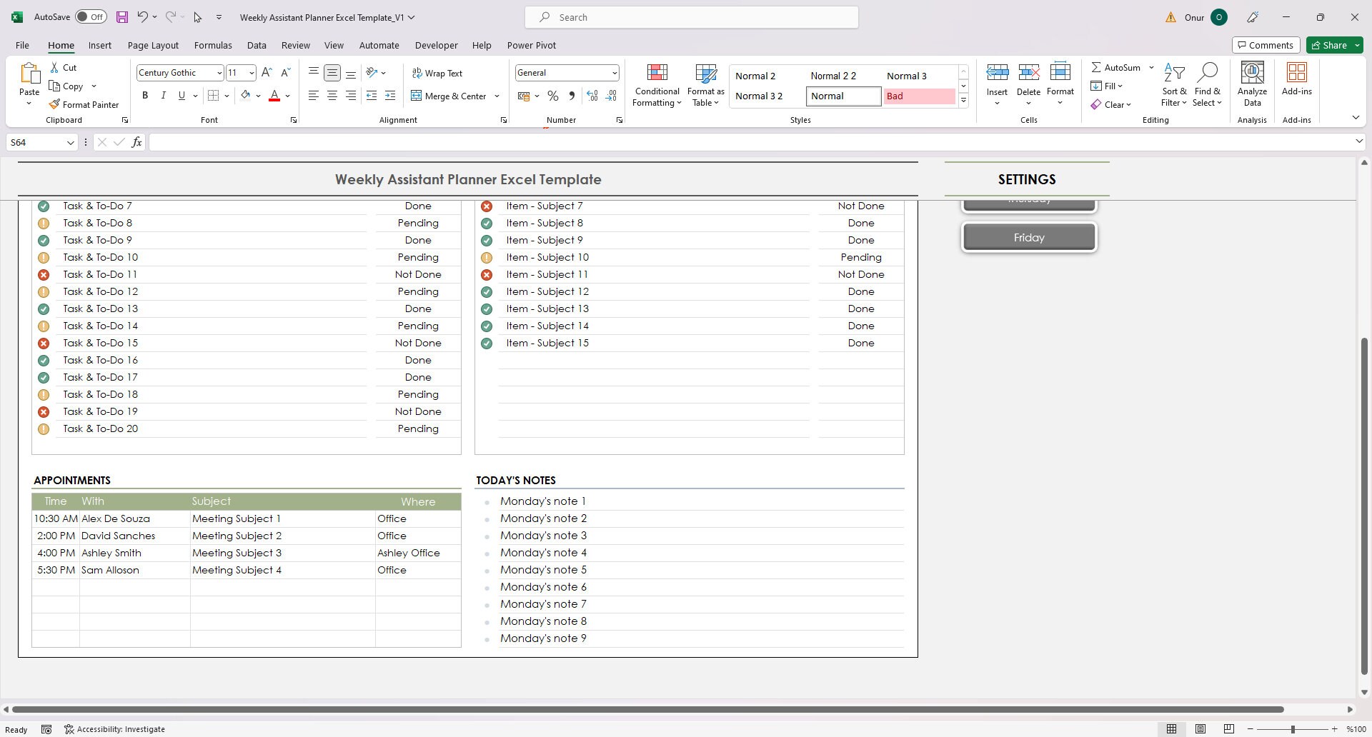 Weekly Assistant Planner Excel Template, 5 Days Office Planner Excel ...
