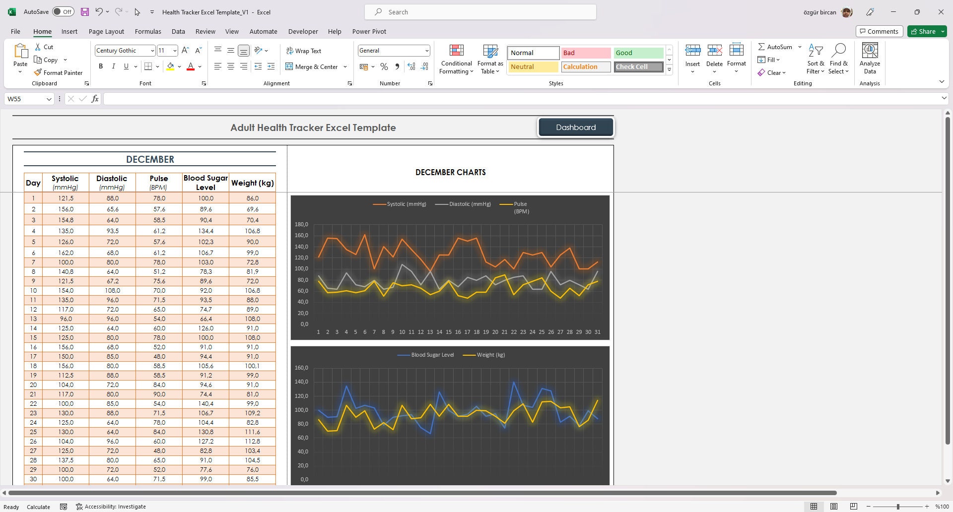 Health Tracker Excel Template, Monthly Health Tracker Excel Template ...