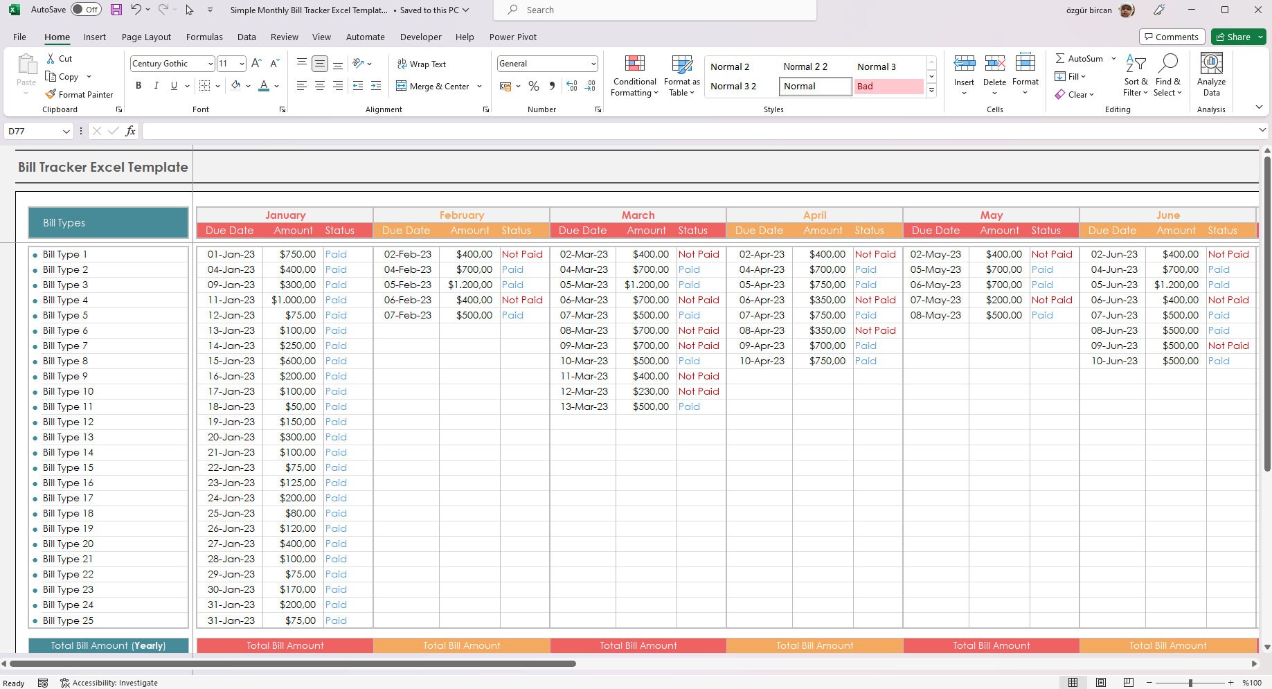 Monthly Bill Tracker Excel Template: 12-month Payment Tracker - Etsy