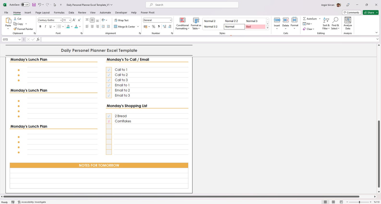 Daily Personel Planner Excel Template, 7 Days Planner, Daily Schedule ...