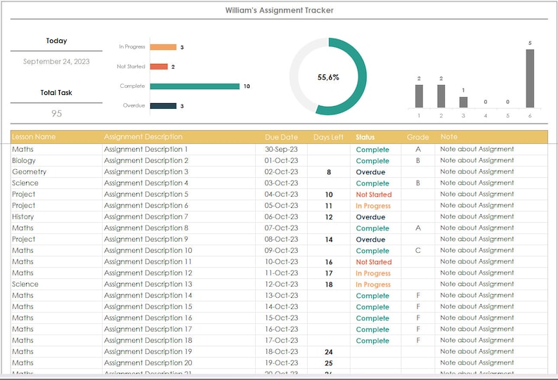 Assignment Tracker Excel Template: Homework Planner (digital Download ...