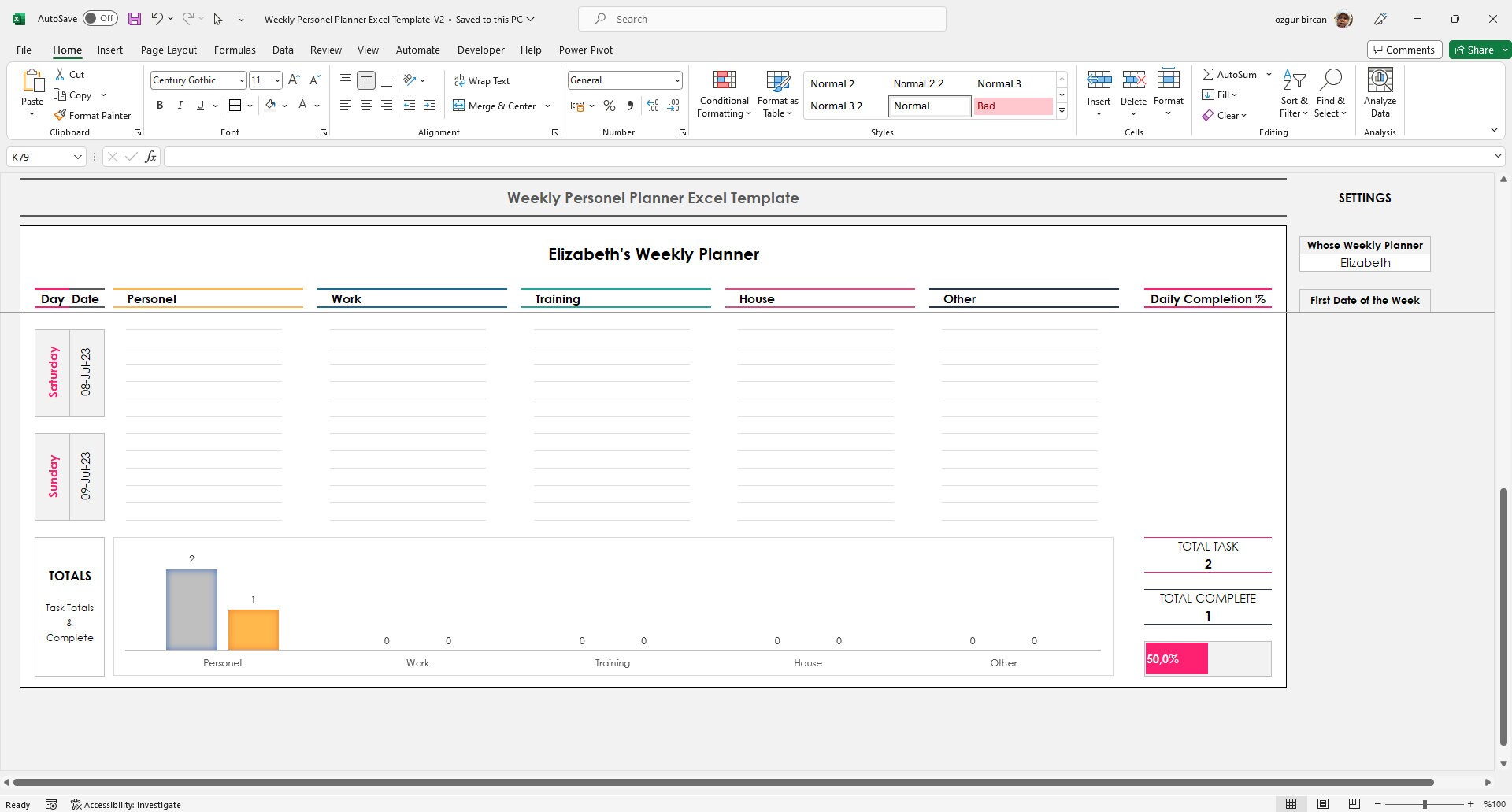 Dated Weekly Planner Excel Template: Personal To-do List (printable ...